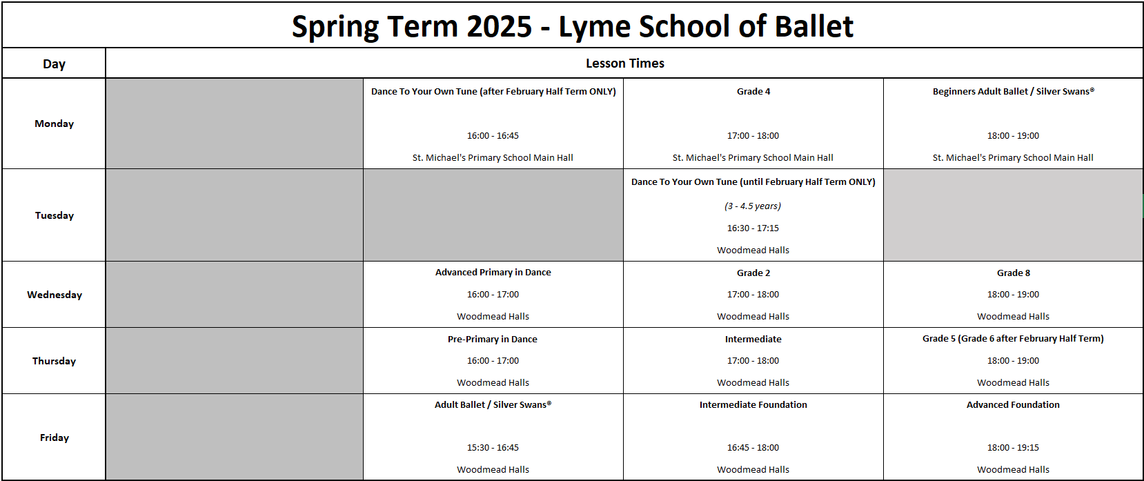 Timetables – Lyme School of Ballet